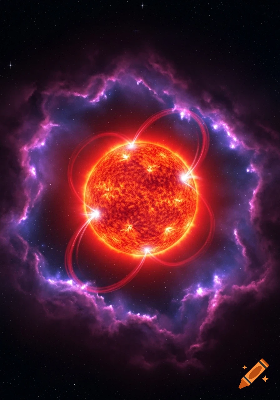 A fiery red dwarf star with glowing energy arcs surrounded by vibrant ...