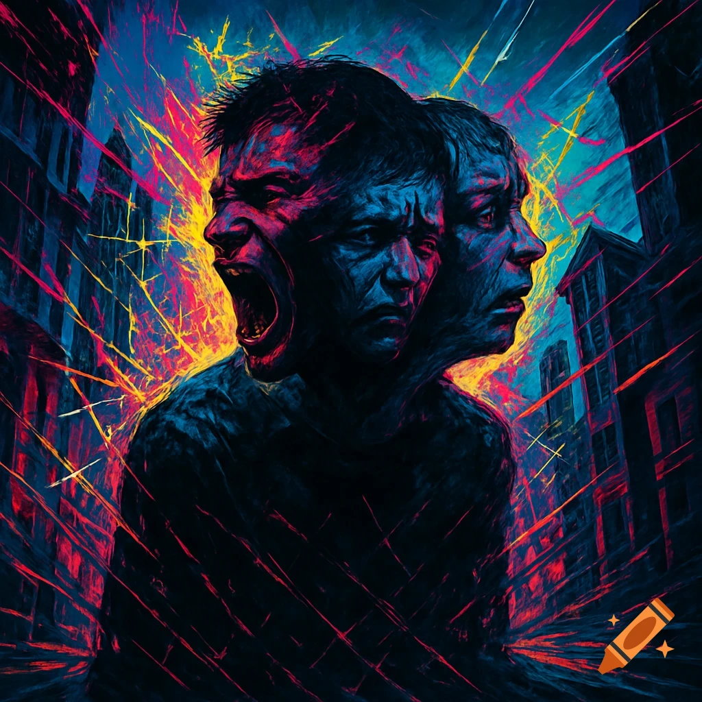 A stylized digital art piece depicting a person with multiple distorted ...