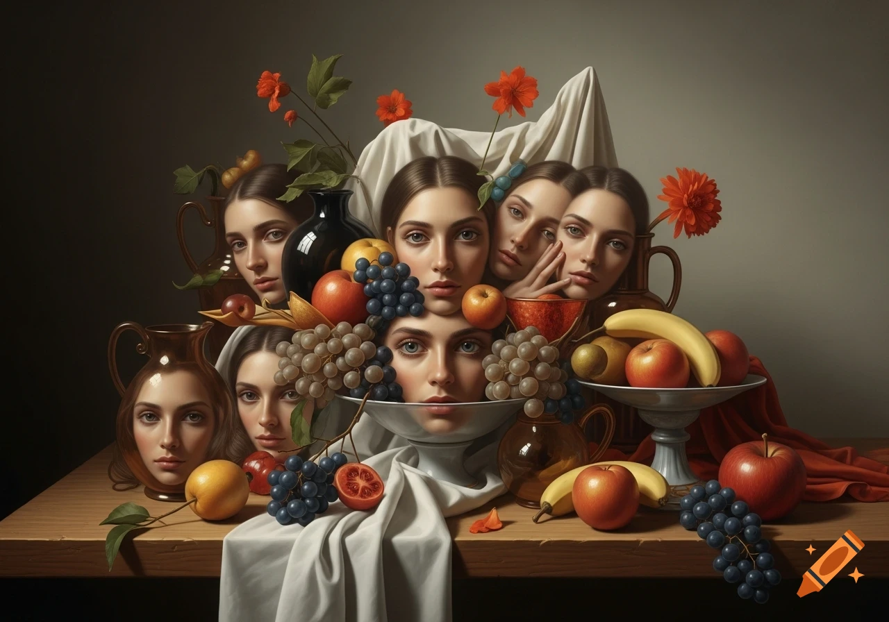 A surreal, photorealistic still life composition featuring multiple ...