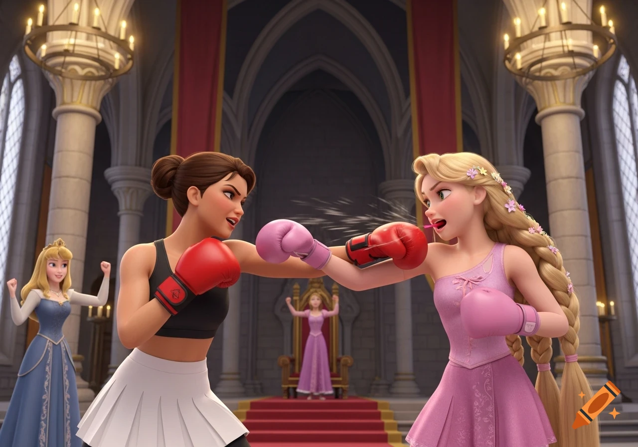 Animated scene of a brown-haired female boxer punching a pink ...