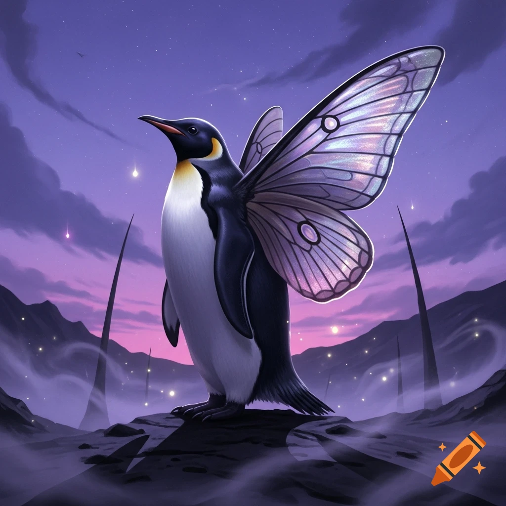 A fantasy penguin with iridescent moth wings stands on a rocky alien ...