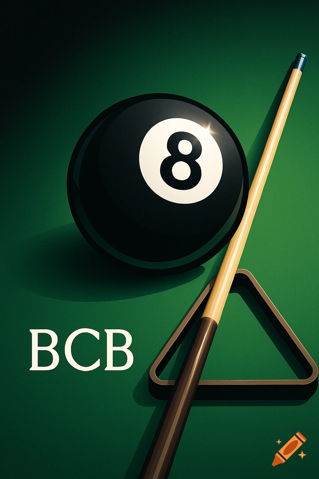 A black 8-ball, a cue stick, and a billiard triangle on a green ...