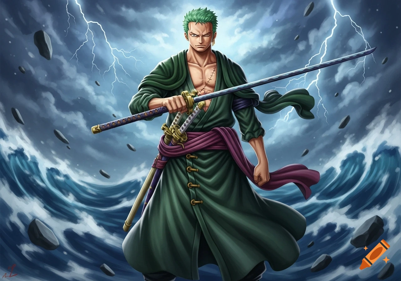 Anime illustration of Roronoa Zoro with green hair and scars, holding ...