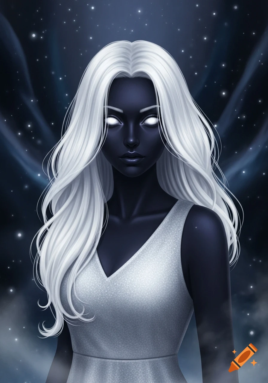 A digital art portrait of a void woman with dark skin, long white hair ...