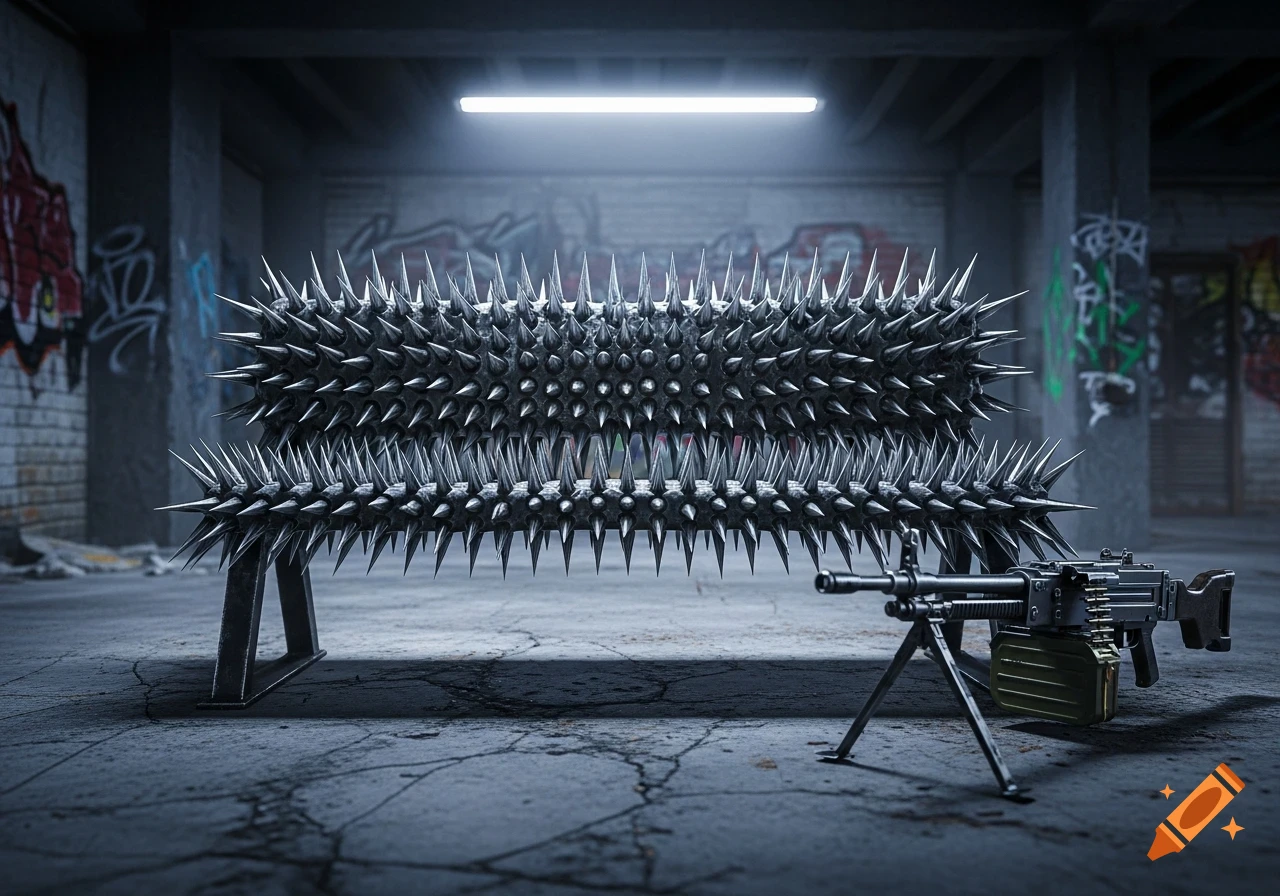 A photorealistic metal bench covered in sharp spikes stands in a dark ...