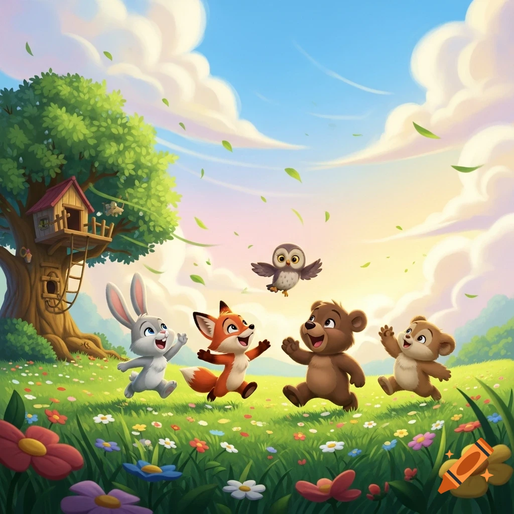 A cheerful cartoon rabbit, fox, and two bears run through a sunny ...