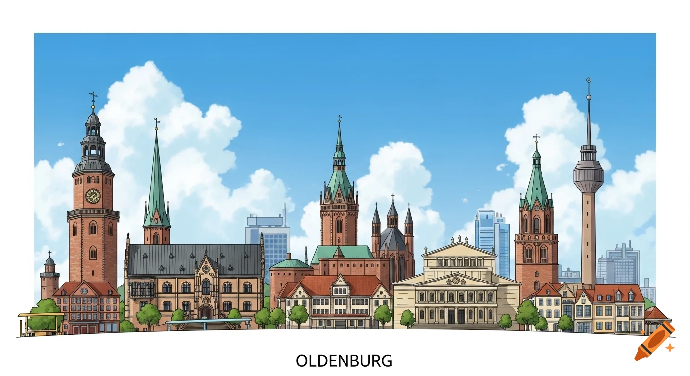 Detailed anime illustration of the Oldenburg skyline with historic ...
