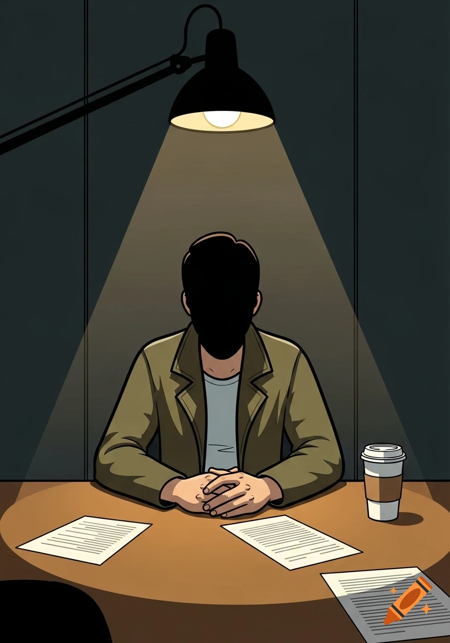 A cartoon illustration of a person with a blacked-out face sitting at an interview table, hands ...
