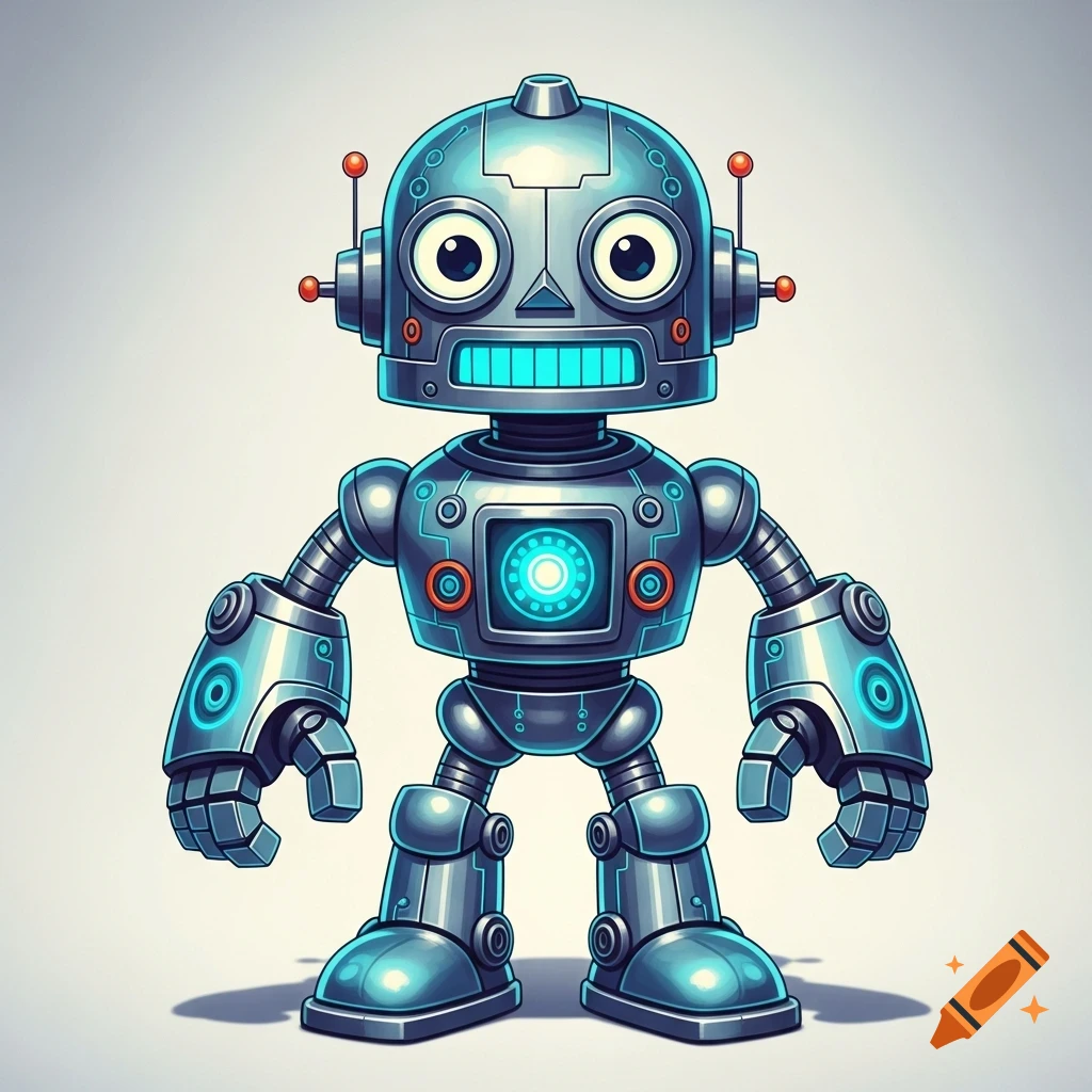 A friendly cartoon robot, blue and silver, with large eyes, a glowing ...