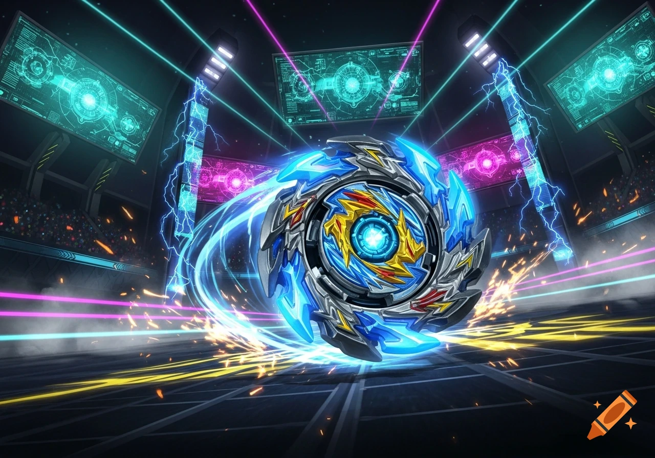 A stylized, glowing blue and silver Beyblade spins in a futuristic ...