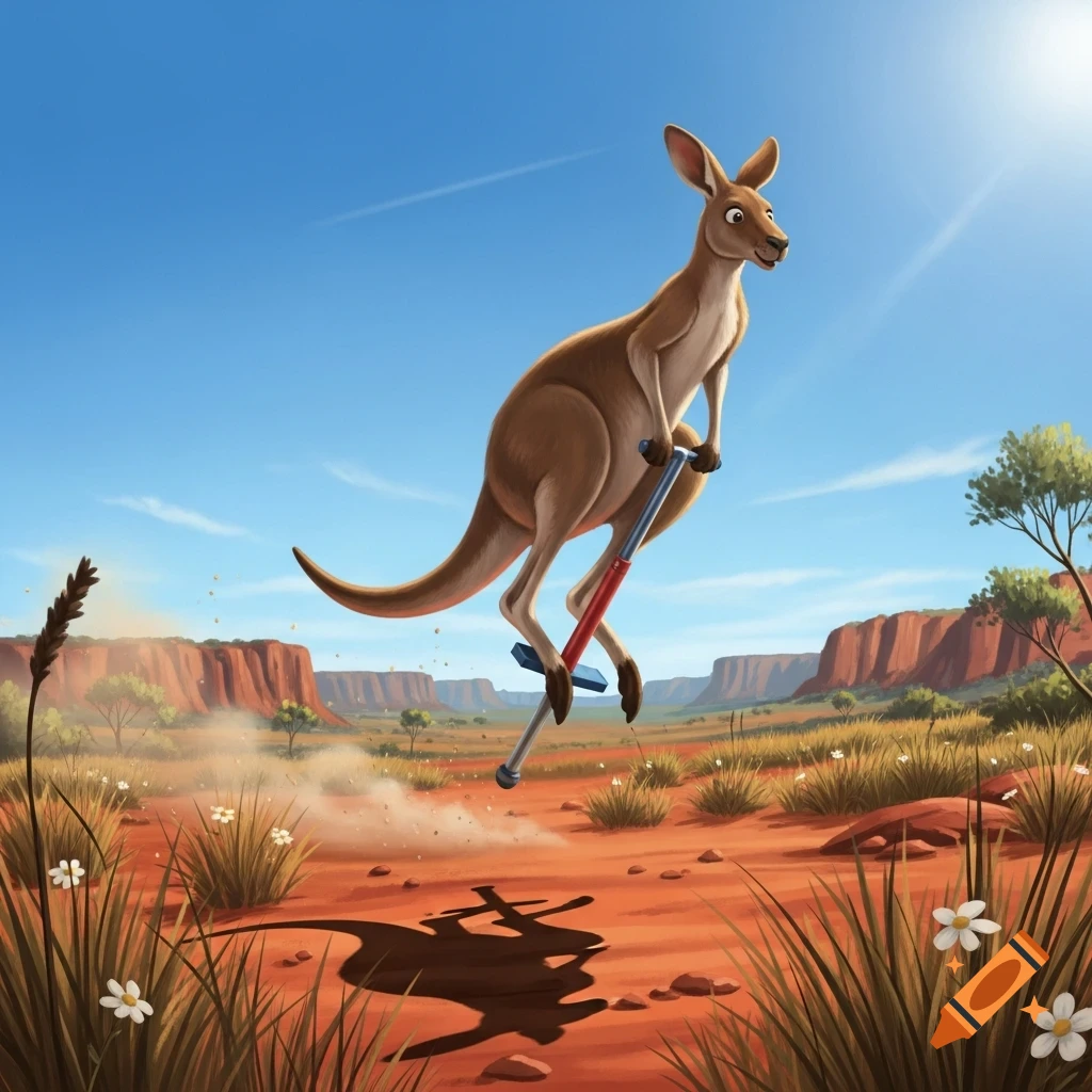 A cartoon kangaroo bounces on a pogo stick in a sunny desert landscape ...