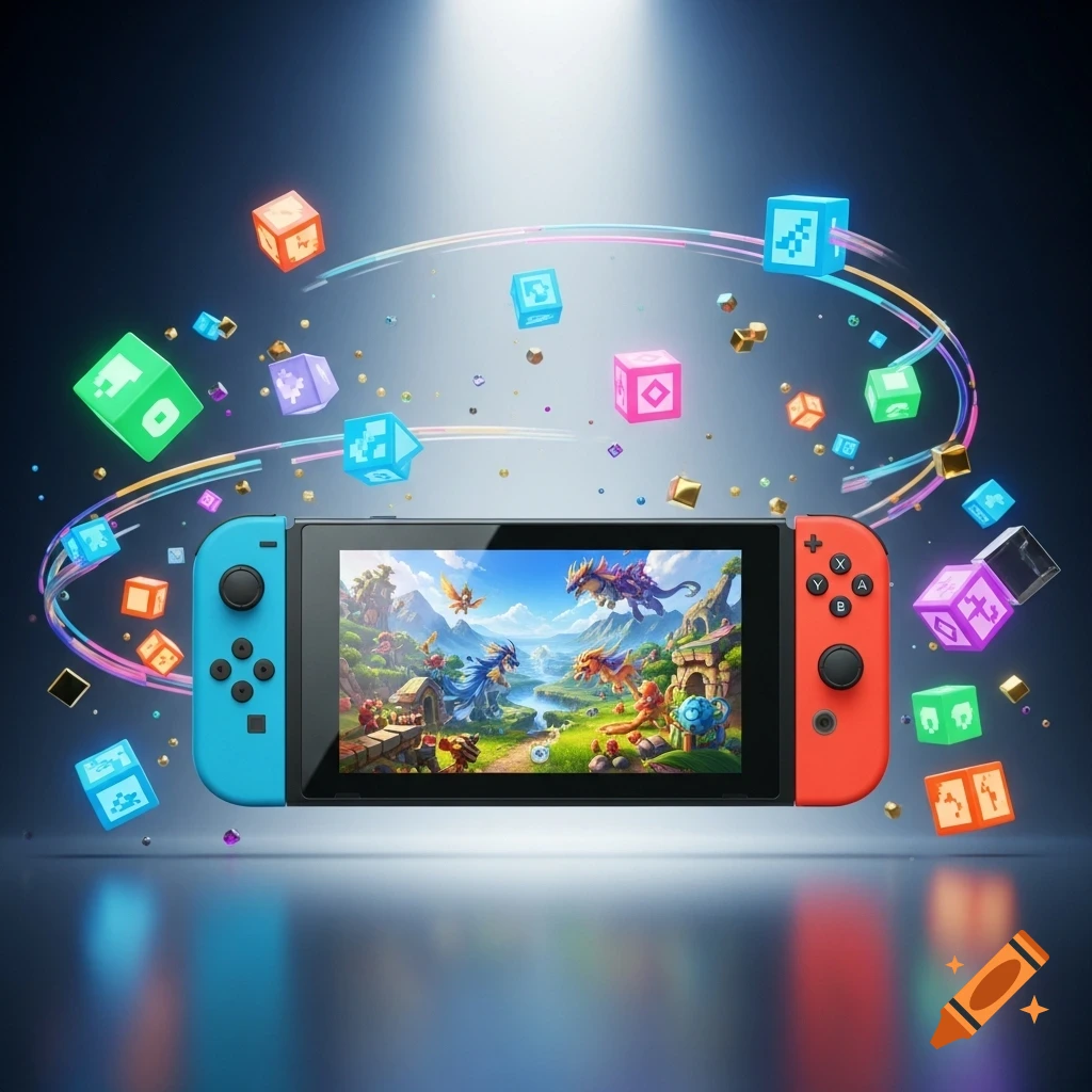 A Nintendo Switch console displays a fantasy game, surrounded by ...