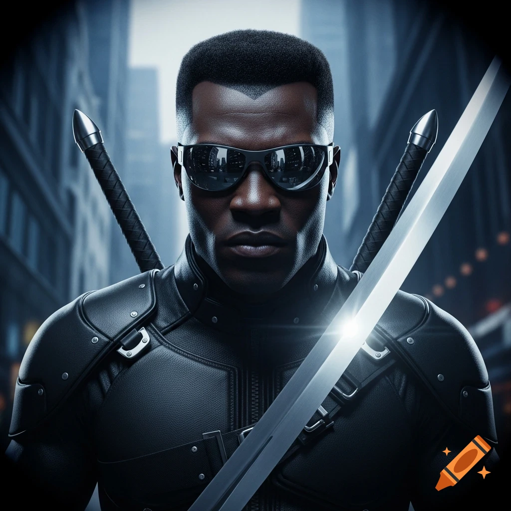 Marvel's Blade in dark armor and sunglasses, holding two swords ...