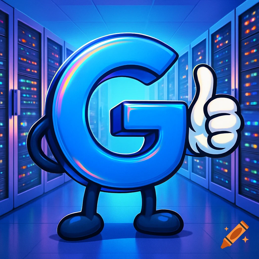 A glossy blue anthropomorphic letter G with a cartoon hand giving a ...
