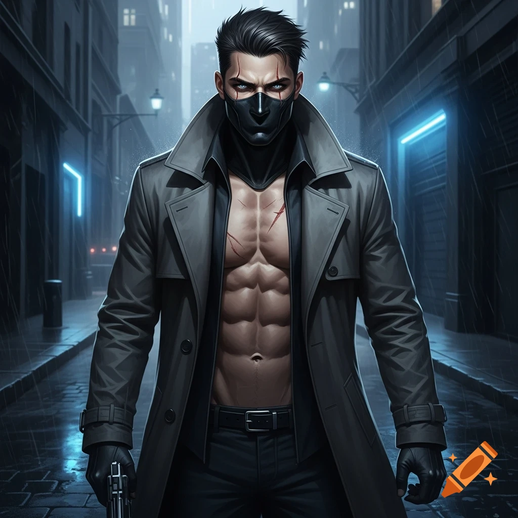 A masked man with scars on his muscular chest and glowing eyes, wearing ...