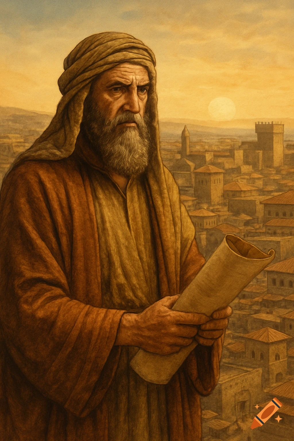Illustration of a solemn old prophet in ancient robes holding a scroll ...