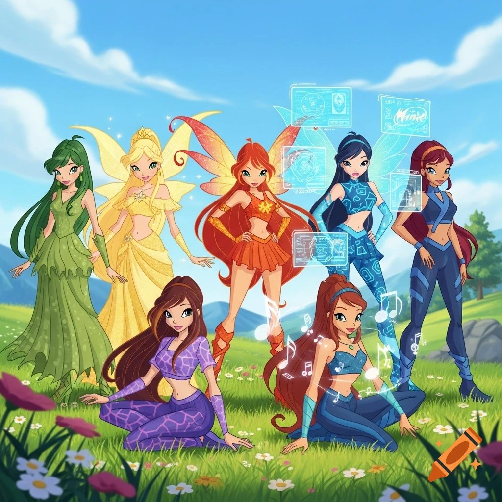 Animated image of six female fairy-like characters, four standing and ...