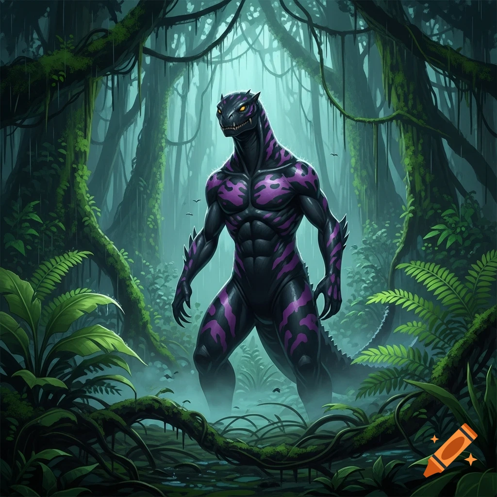 A muscular reptilian monster with black and purple camouflage skin and ...