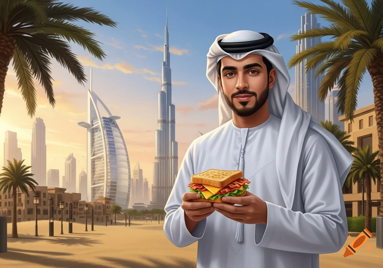A man in traditional Arab attire holds a bacon, egg, and cheese ...