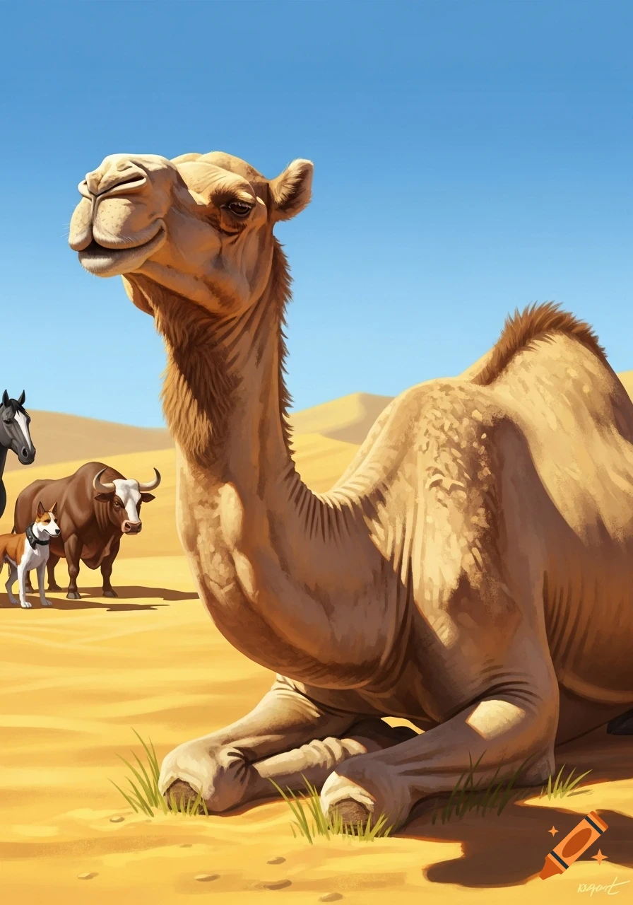 A contented camel rests in a sandy desert, with a horse, bull, and dog ...