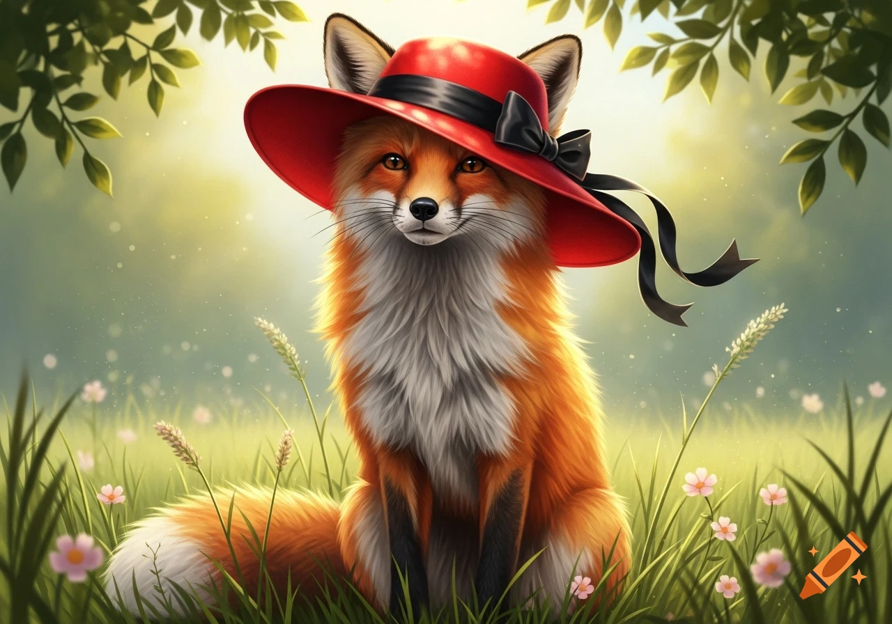 A realistic illustration of an orange fox wearing a red hat with a ...