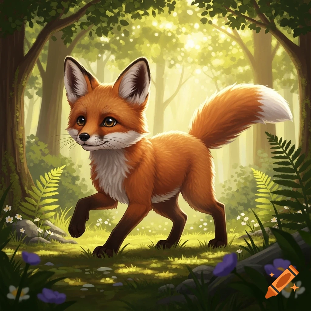 A cute, stylized fox walks through a bright, sunlit forest with ferns ...