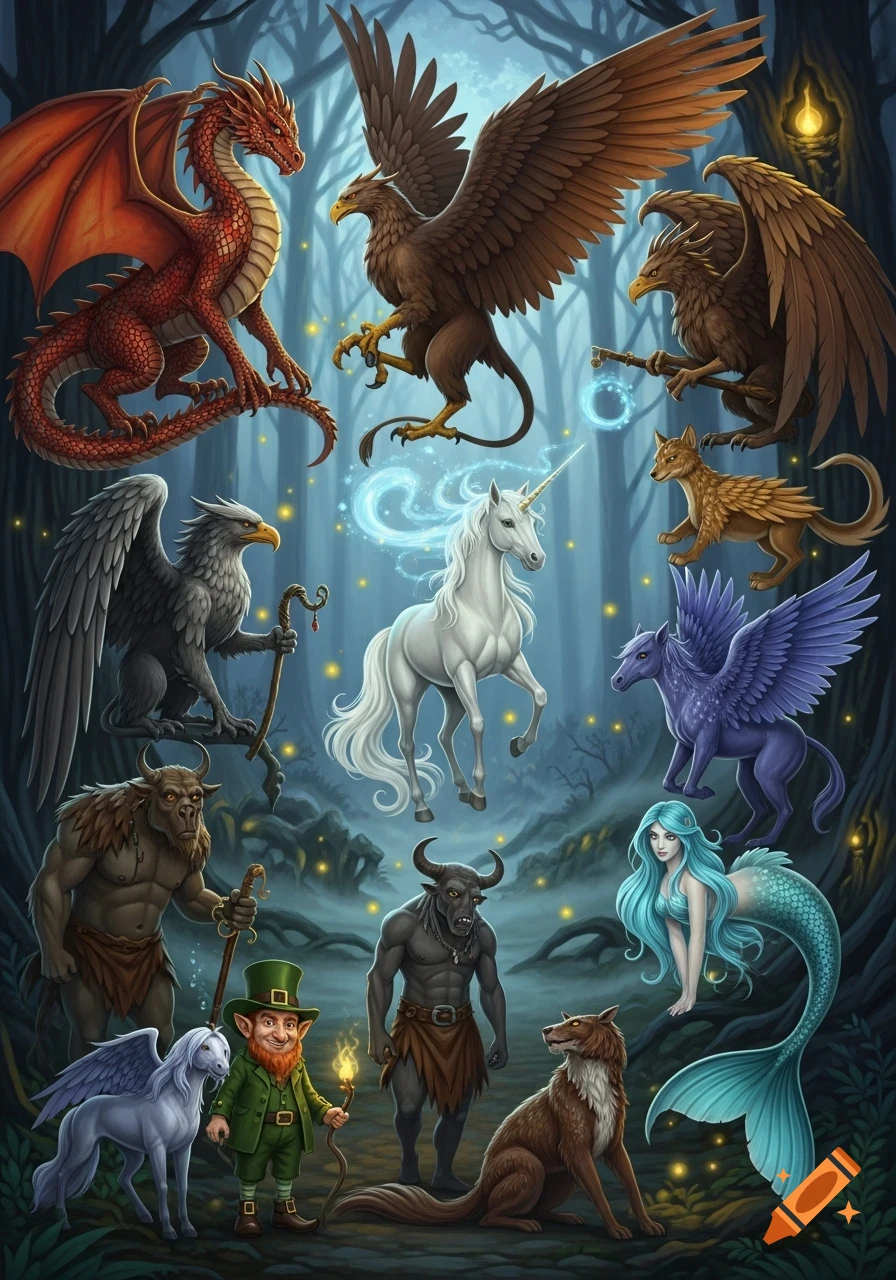 Vibrant illustration of various mythical creatures including dragons ...