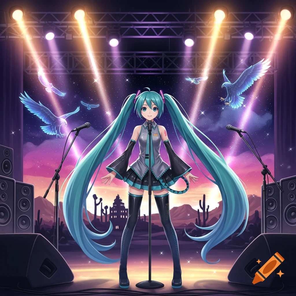 Hatsune Miku on a concert stage with spotlights and speakers, glowing ...
