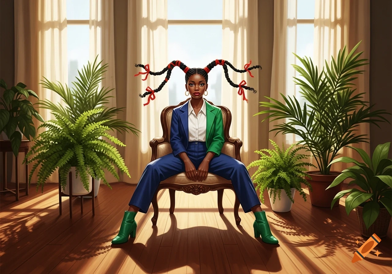 A Black woman in a blue and green suit with Pippi Longstocking-style ...