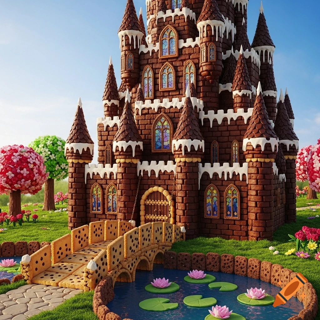 A whimsical castle made of chocolate cake with white frosting, a cookie ...