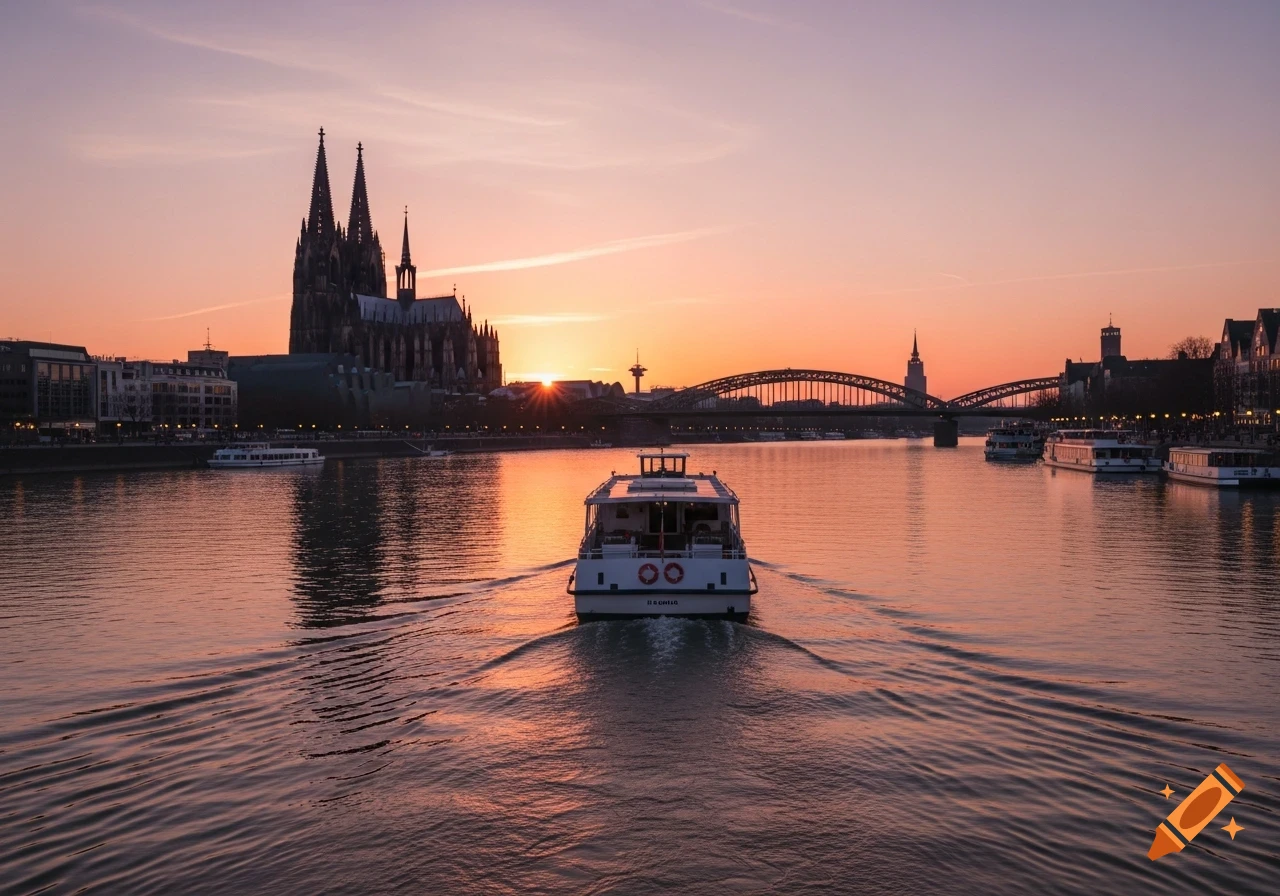 A boat floats on the Rhine River in Cologne, Germany, with the ...