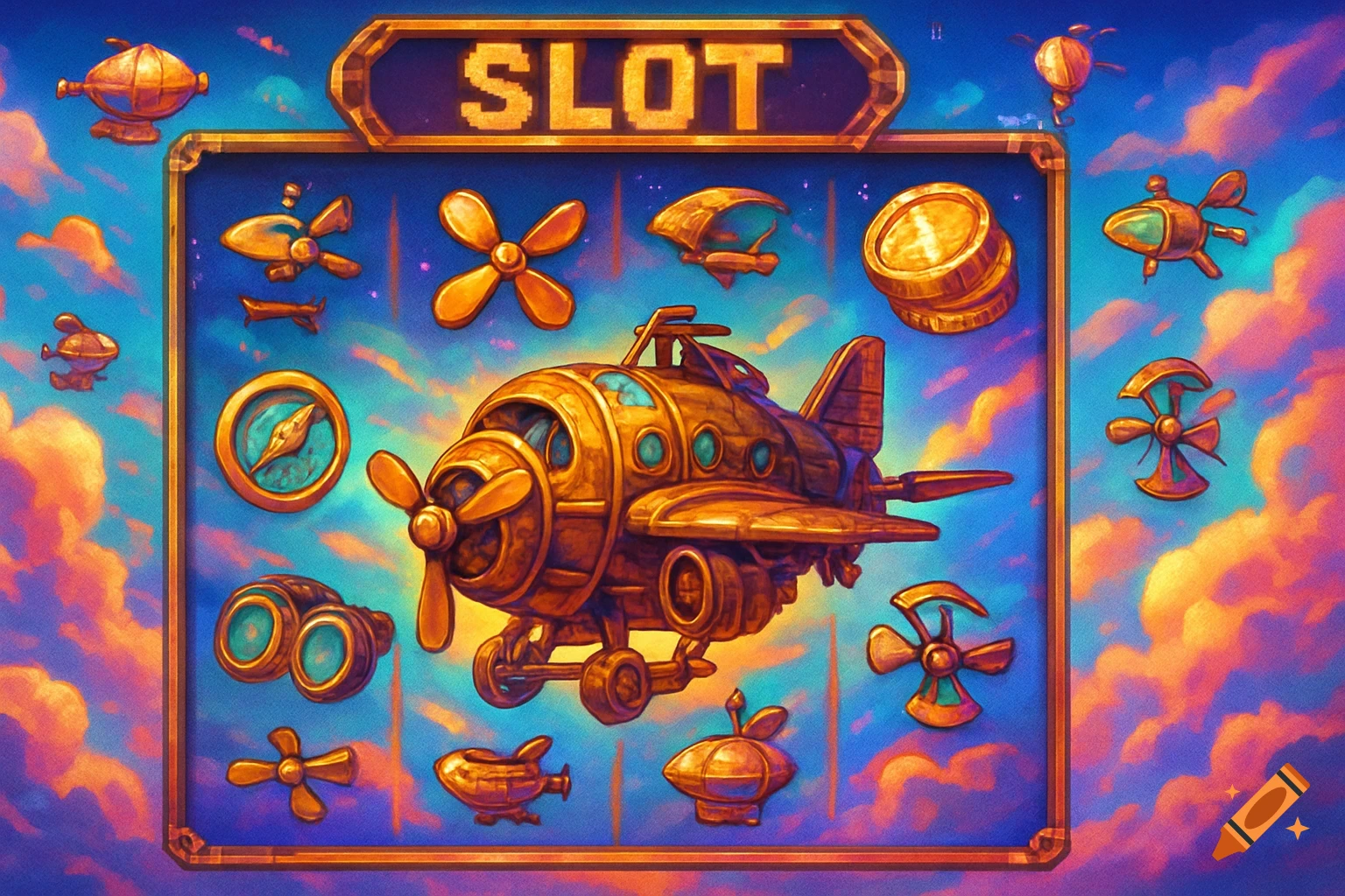 A video game style slot machine screen with golden steampunk flying ...
