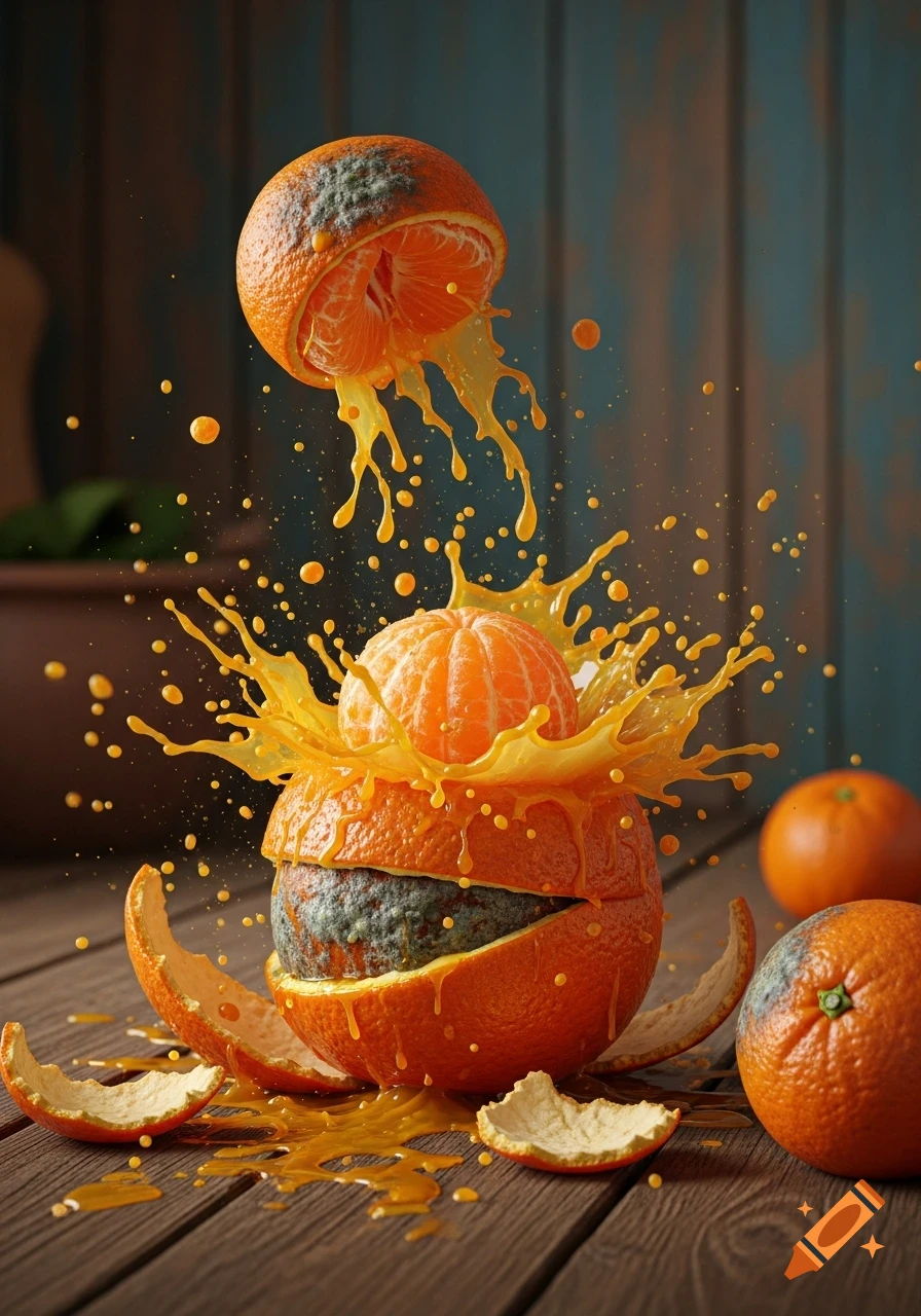 Orange juice splashes dynamically from rotten oranges on a rustic wooden table, with one orange ...