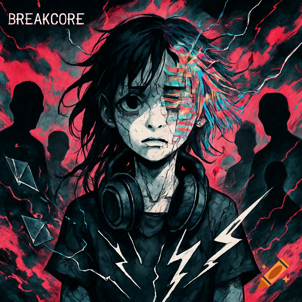 Anime-style album cover of a distressed person with headphones, a ...