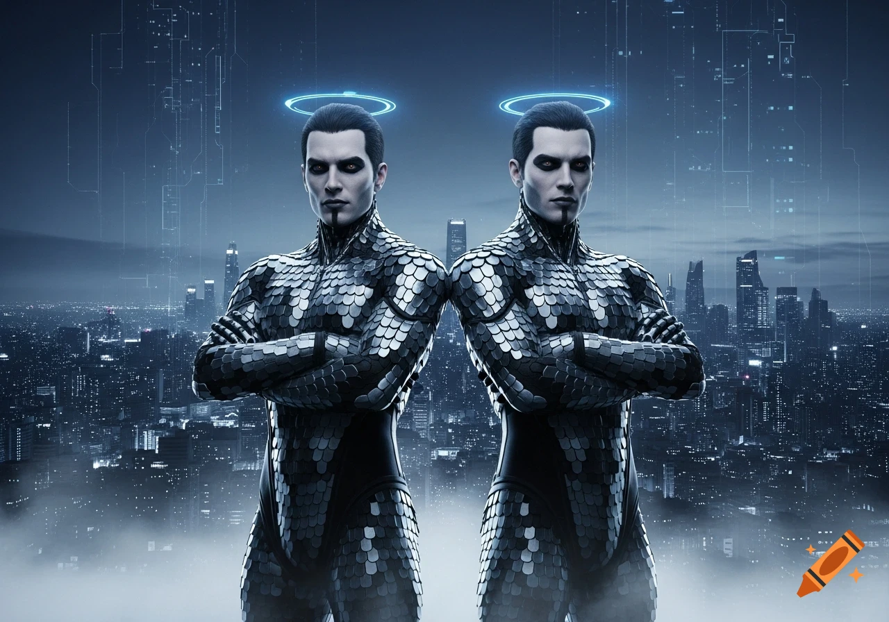 Two identical men in futuristic scaly suits with glowing halos stand ...