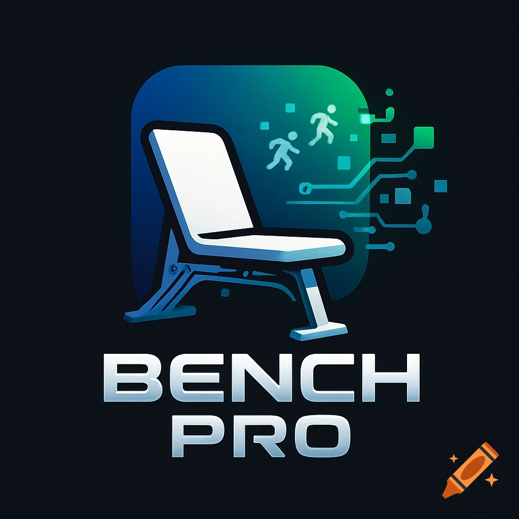 A logo for 'Bench Pro' featuring a white and blue sports bench, digital ...