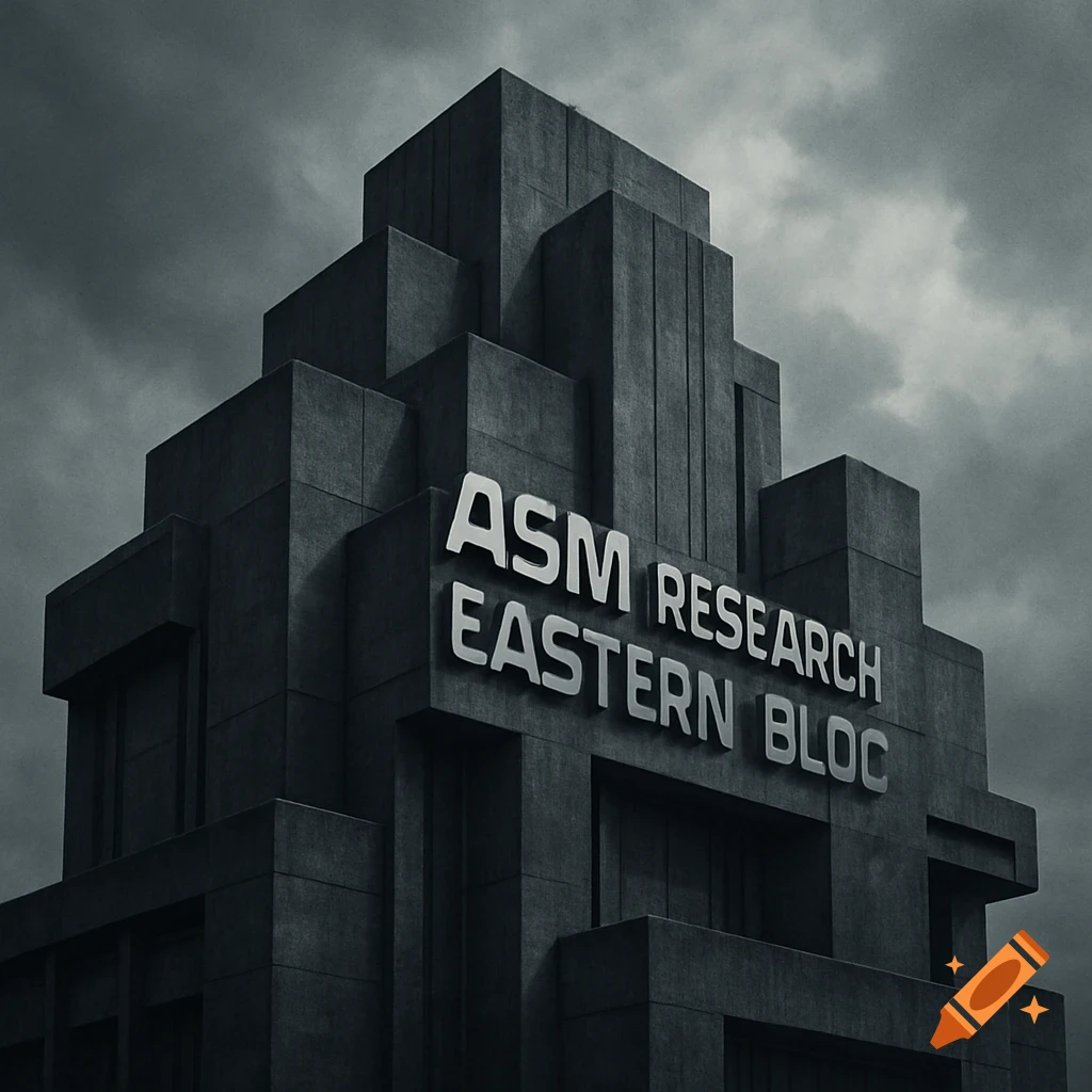 A dark, brutalist building with the words "ASM RESEARCH EASTERN BLOC ...