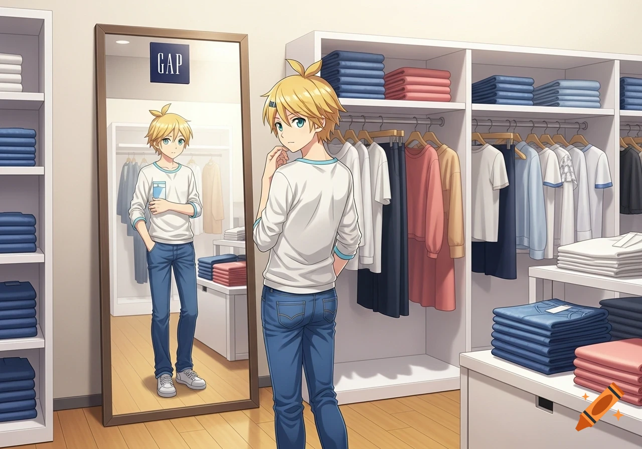 Anime boy (Kagamine Len) in a Gap clothing store, wearing a white long ...