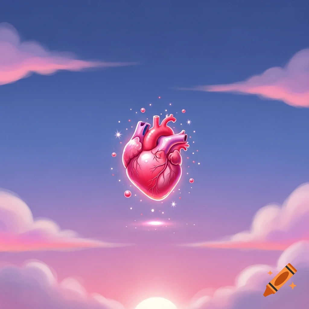 A glowing, stylized anatomical heart floats in a vibrant purple and ...