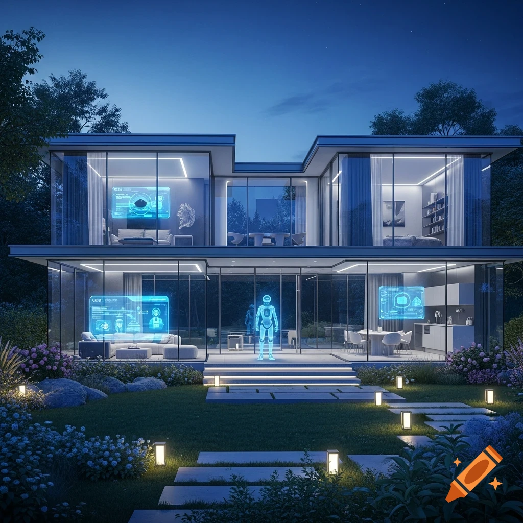 A modern, multi-story glass smart home at dusk, featuring glowing ...