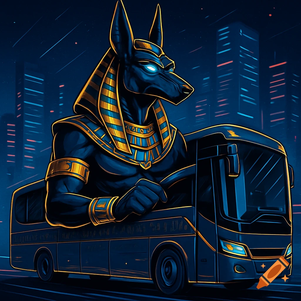Stylized Anubis, the Egyptian god with a jackal head, drives a ...