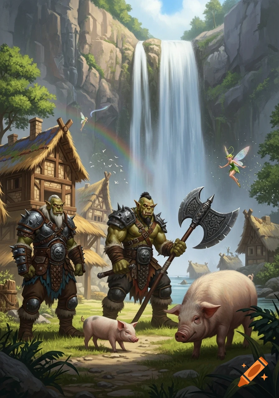Two armored orcs, a pig, a piglet, and two pixies in a vibrant fantasy ...