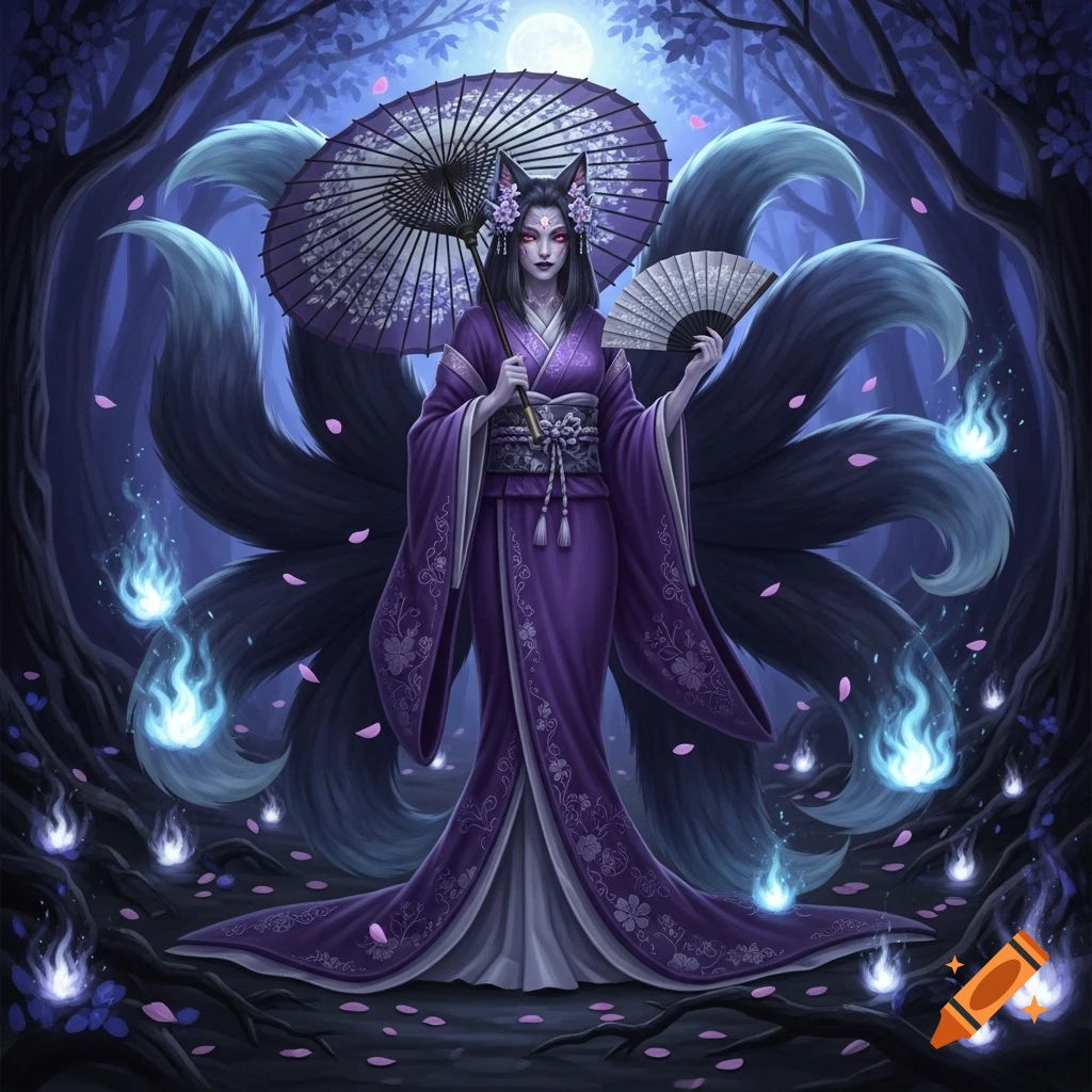 A stylized illustration of a female Black Kitsune with nine tails ...