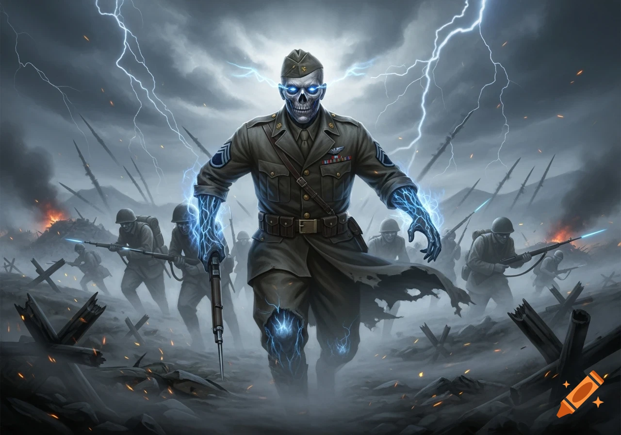 A skeletal ghoul soldier with glowing blue lightning leads a charge on ...