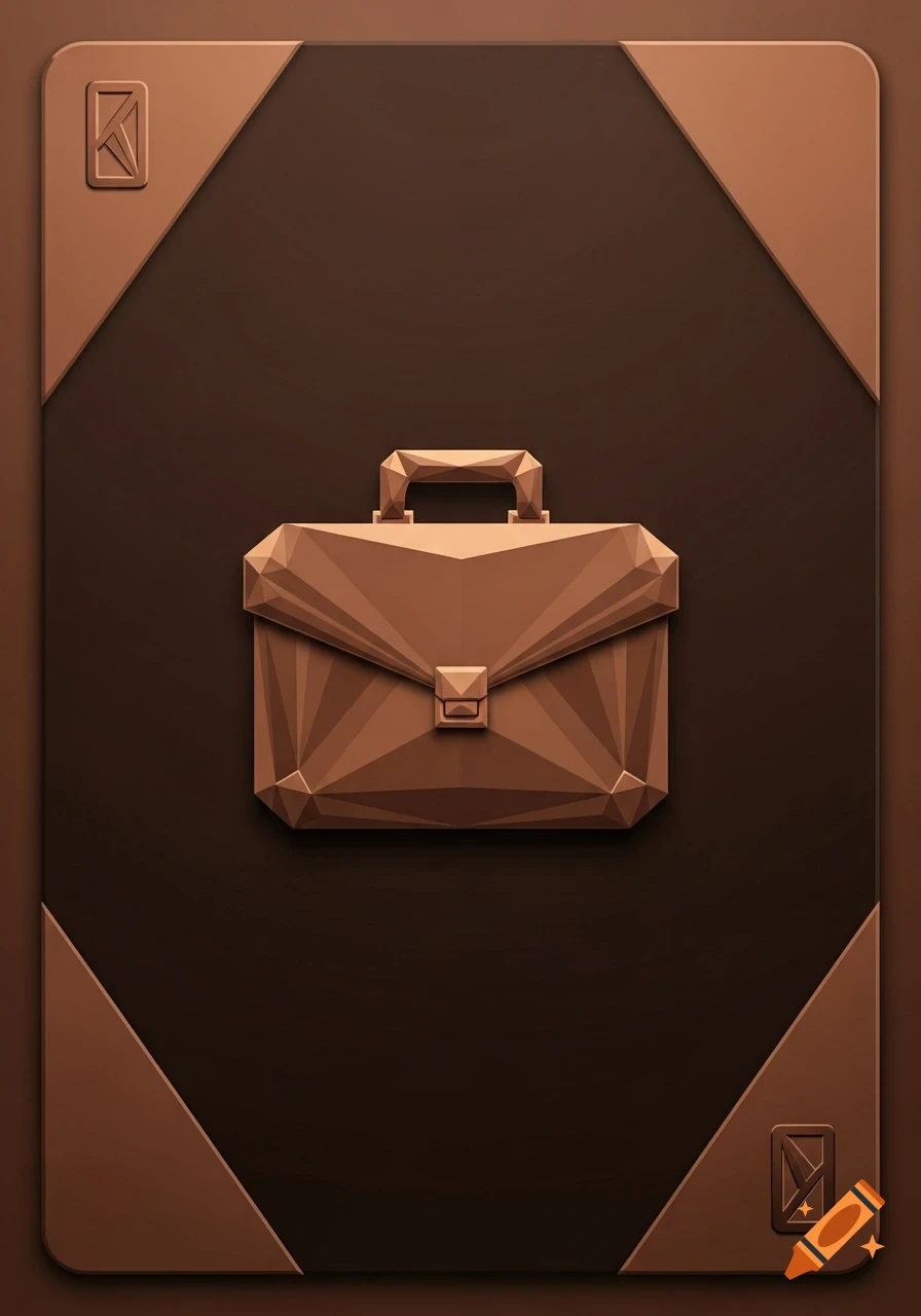 A stylized, low-poly brown briefcase emblem with sharp angular facets ...