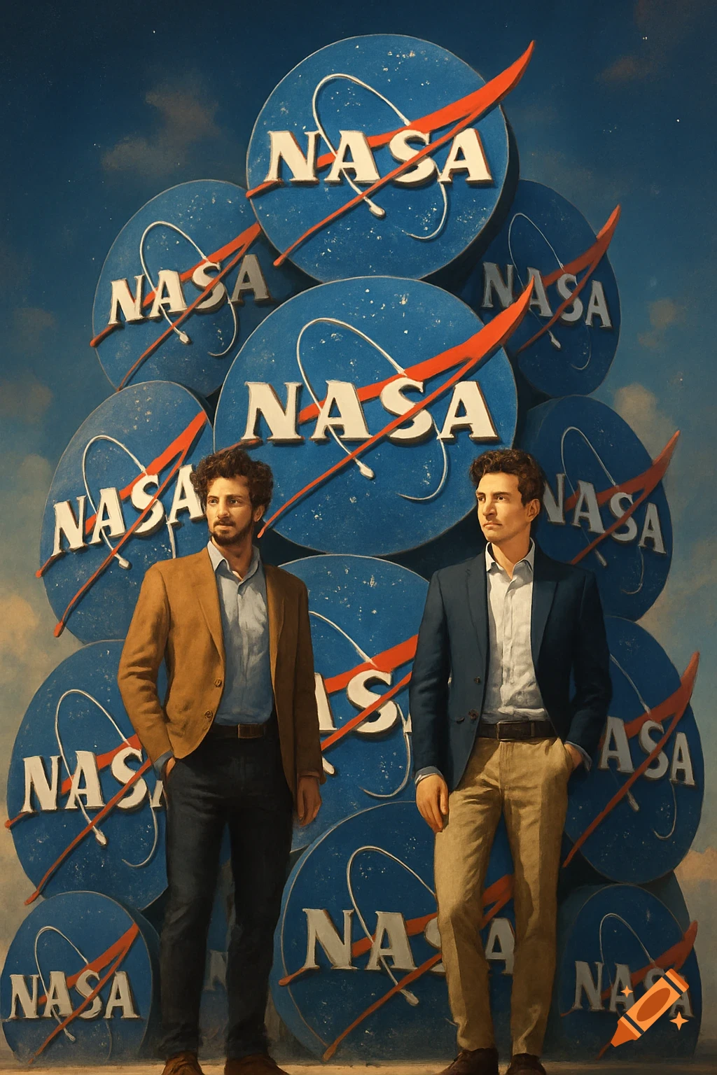 Two men in business casual stand before a towering pile of NASA ...
