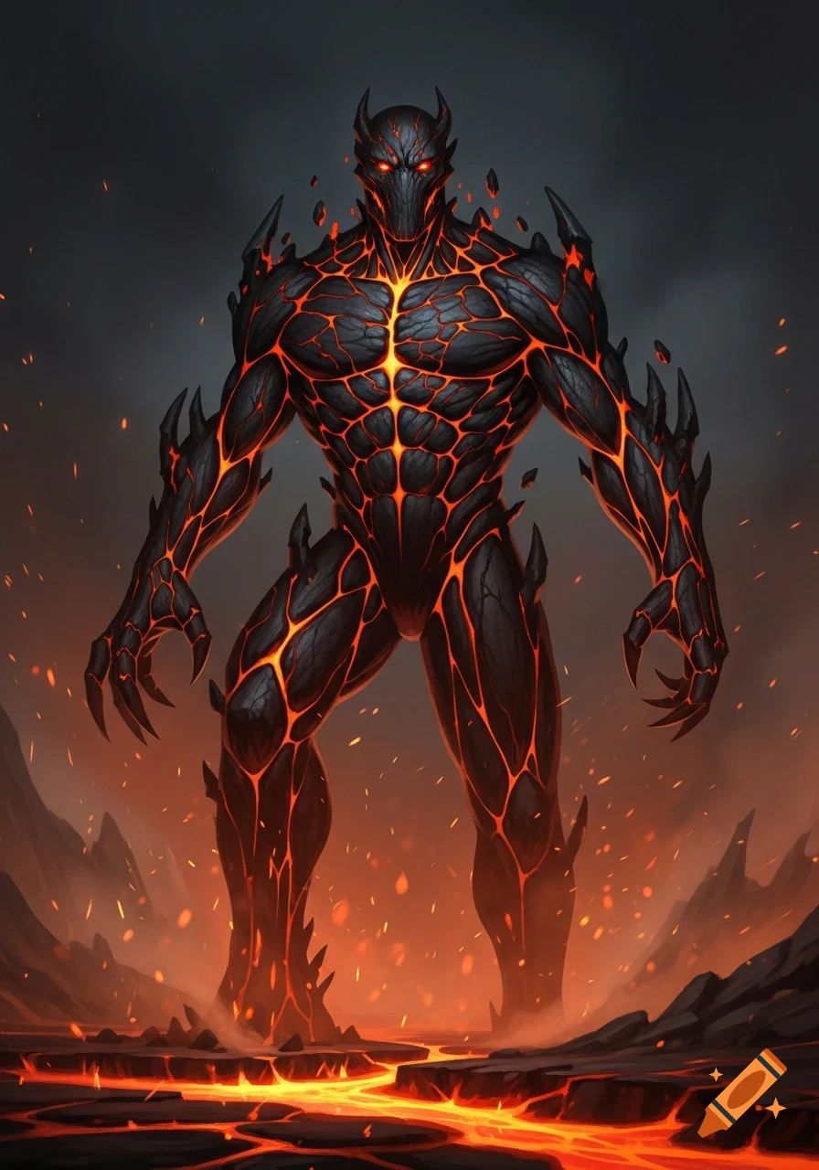A powerful fantasy lava monster with cracked black obsidian skin ...