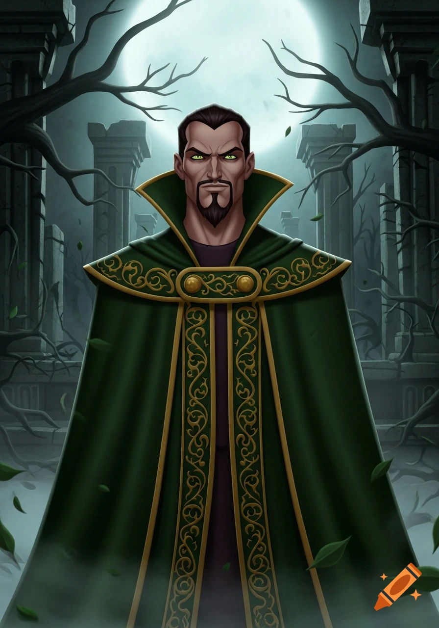 A stylized illustration of Ra's al Ghul with a goatee and glowing green ...