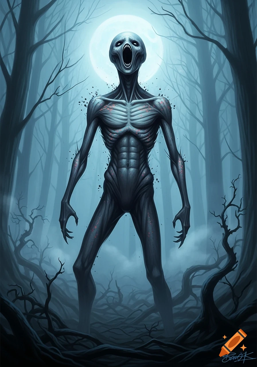 A tall, emaciated, screaming humanoid creature with tiny eyes stands in ...