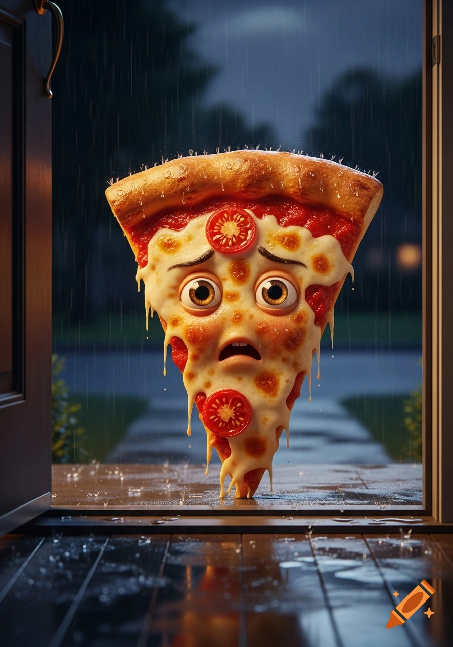 An ultra-realistic, cinematic image of a sad, personified pizza slice ...